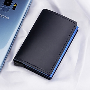 Dlife Credit Card Holder RFID Blocking Wallet Slim Wallet Cowhide Leather Vintage Aluminum Business Card Holder Automatic Pop-up Card Case Wallet Security Travel Wallet (Blue Case)