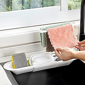 LIFOND Kitchen Sink Caddy Telescopic Sink Tidy Storage Rack Expandable Sink Caddy Organizer with Towel Bar Under Sink Organiser Adjustable Sponge Holder Brush for Kitchen Bathroom,White