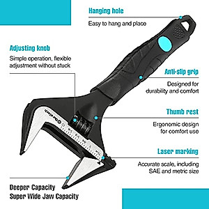 DURATECH 8-Inch Adjustable Wrench, Wide Jaw Opening Black Oxide Finish Plumbing Wrench, CR-V Steel, SAE and Metric Scale Marked, Ergonomic Grip