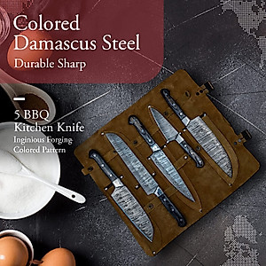Morf Steelware Damascus Chef Knife, 5 Pieces of Damascus Steel Chef Knife Set for Kitchen, BBQ Knives, Camping Cooking Knives, Knives for Men for Camping and Outdoors