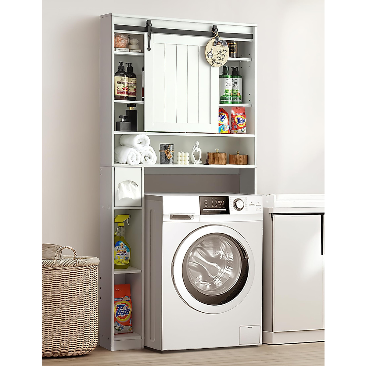 LOUVIXA Over The Toilet Storage Cabinet, Over Toilet Bathroom Organizer with Sliding Barn Door and Adjustable Shelf, Home Space Save Toilet Rack for Bathroom, Laundry (Farmhose White, 1 Barn Door)