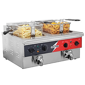 CROSSON 12L Dual Tank Countertop Electric Deep Fryer with Drain,Solid Basket and Lid for Restaurant and Home Use 120V,3600W Stainless Steel Commercial Deep Fryer (EF-6V-2)