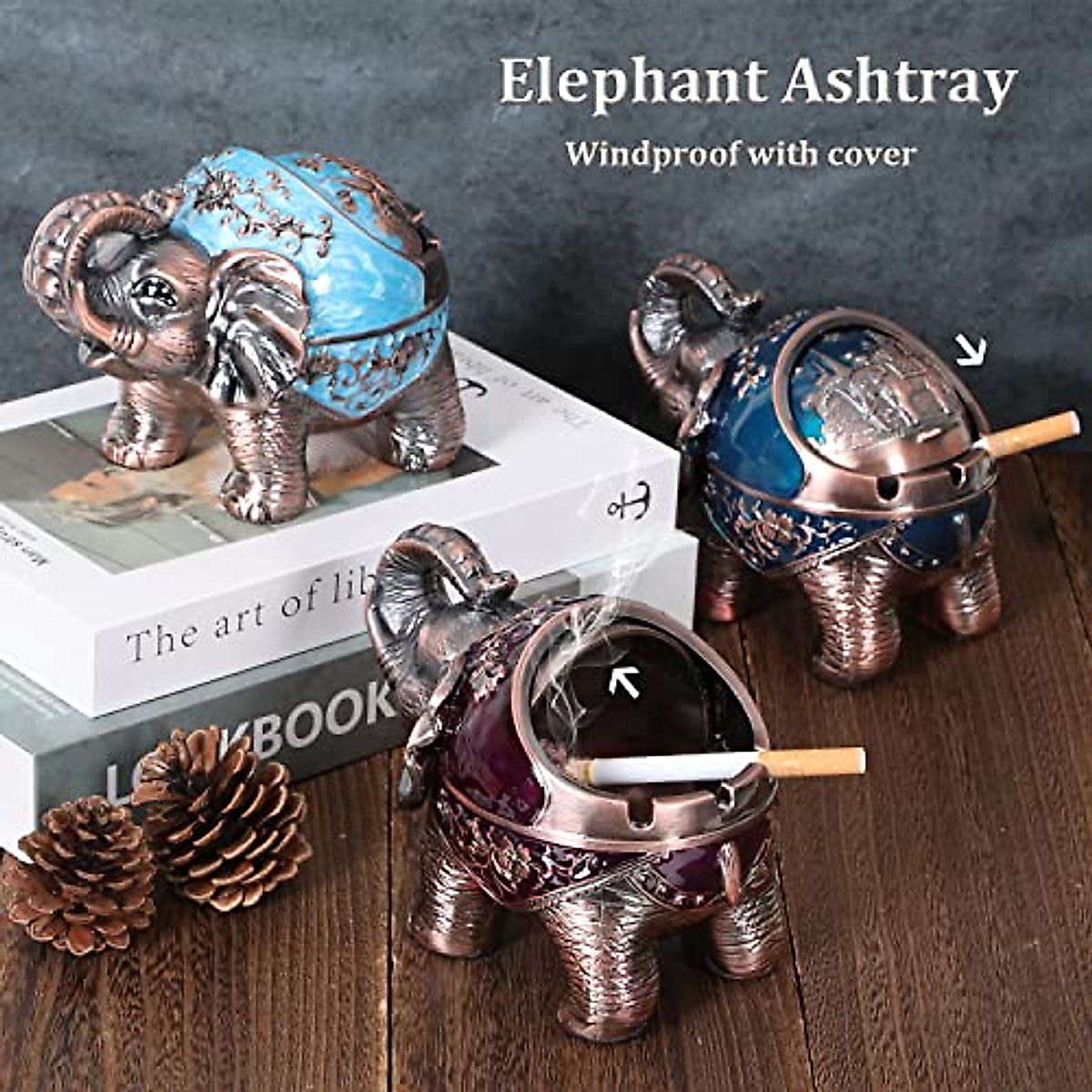 SogYupk Elephant Ashtray-Outdoor Windproof Metal Ashtray with Flip Cover-Indoor Multifunctional Recreation/Office Ashtray, Vintage Drop Resistant Ashtray,Men and Ladies Gift (Purple)