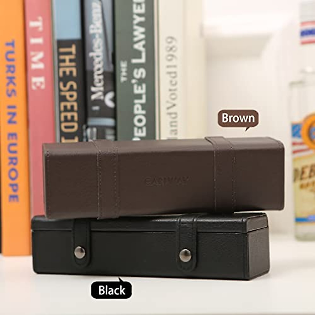 CARLWAY Leather Pencil Holder Box Pen Case, PU Leather Pen Case for Pencils, Pens, Markers, Makeups, Change, Coins(Black)