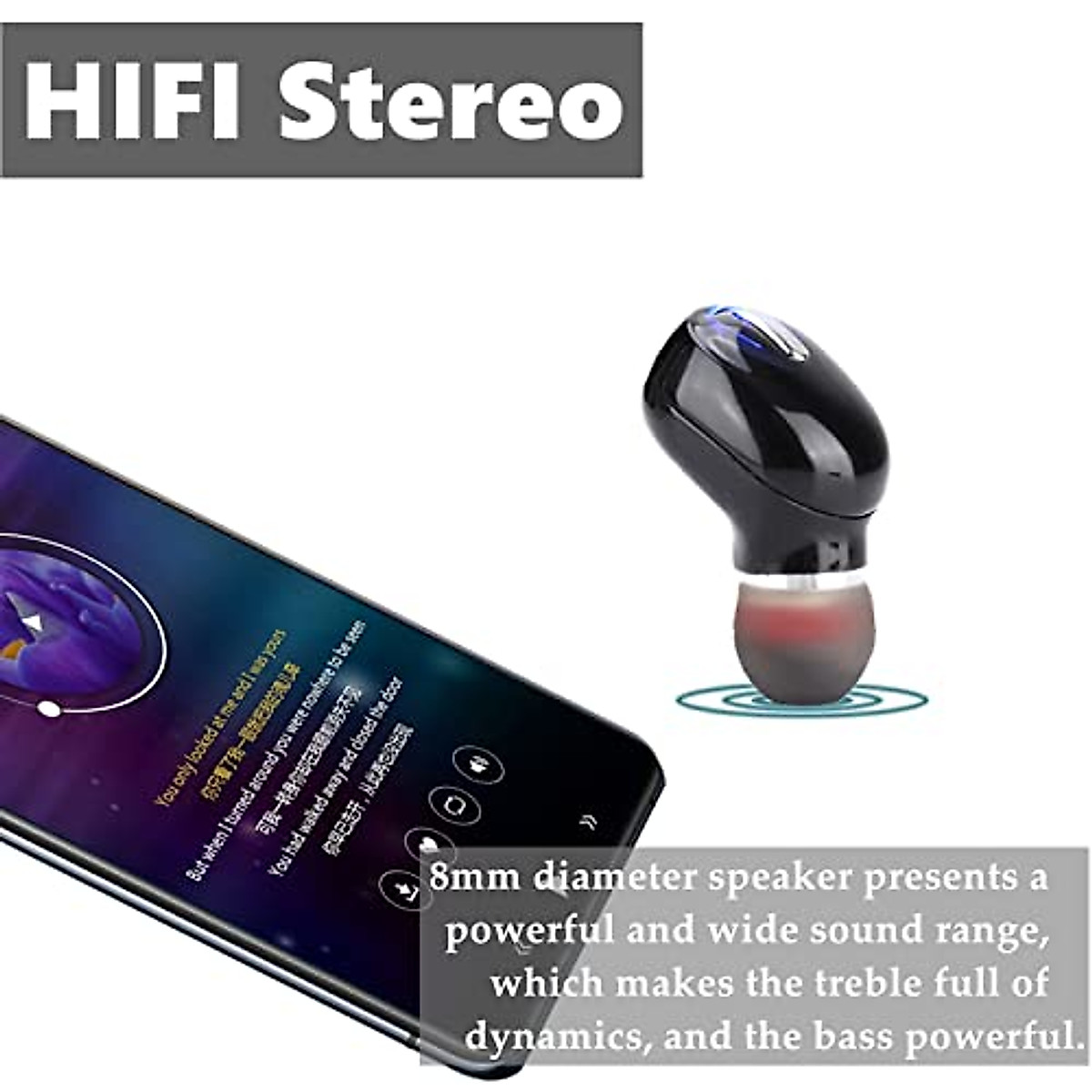 Wireless Earbuds, Single Bluetooth Earbud 5.0, Mini Invisible Headset, in-Ear Headphone with Charging Cable, HiFi Stereo Headset for Sports Driving, 5 Hrs Playtime for iOS Android Phones PC (Black)