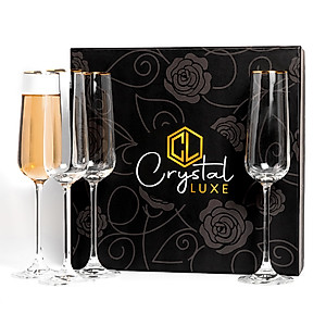 The 7th Beryl CRYSTAL LUXE Champagne Flutes, 24k Gold Champagne Glasses Set of 4, Hand blown Crystal Champagne Flutes Glass,Mimosa glasses, Gifts for Wedding, Anniversary, Women, Men, Birthday