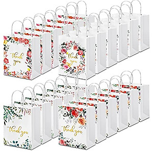 Nezyo 24 Pcs Floral Design Small Thank You Bags with Gold Foiled Printed Thank You Party Bags with Handles White Kraft Paper Bags Party Favor Bags for Wedding Birthday Baby Shower, 8.27x5.91x3.1''