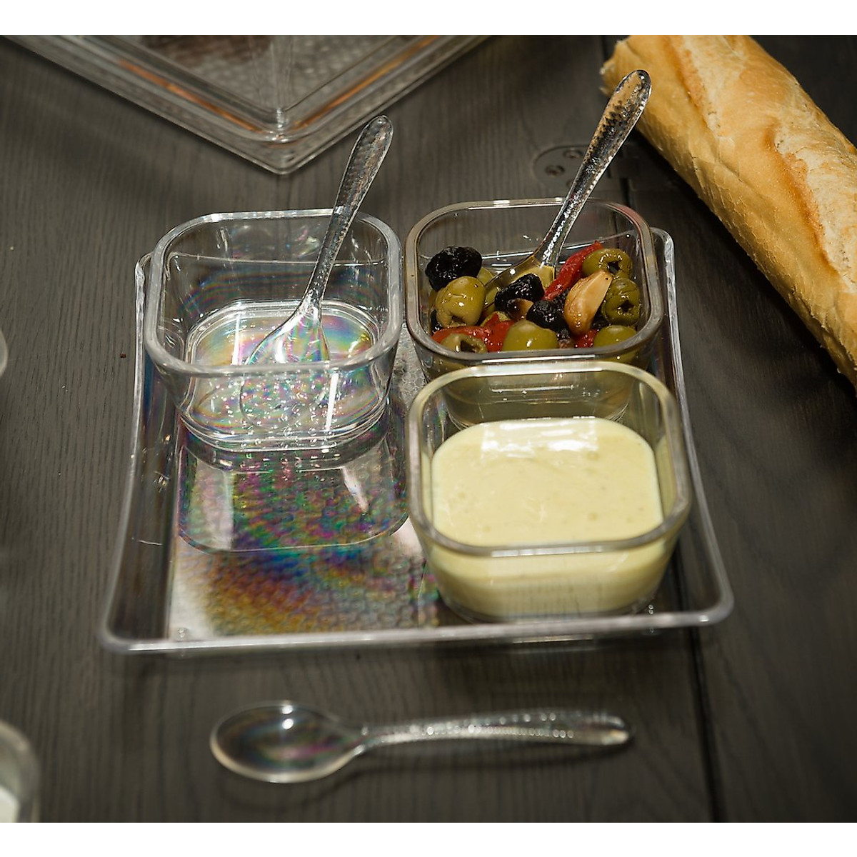 Lillian Tablesettings Clear Premium Acrylic Serving Set With Spoons (7.75" x 7.75" x 1", Pack of 6) - Perfect for Parties, Events, & Dining