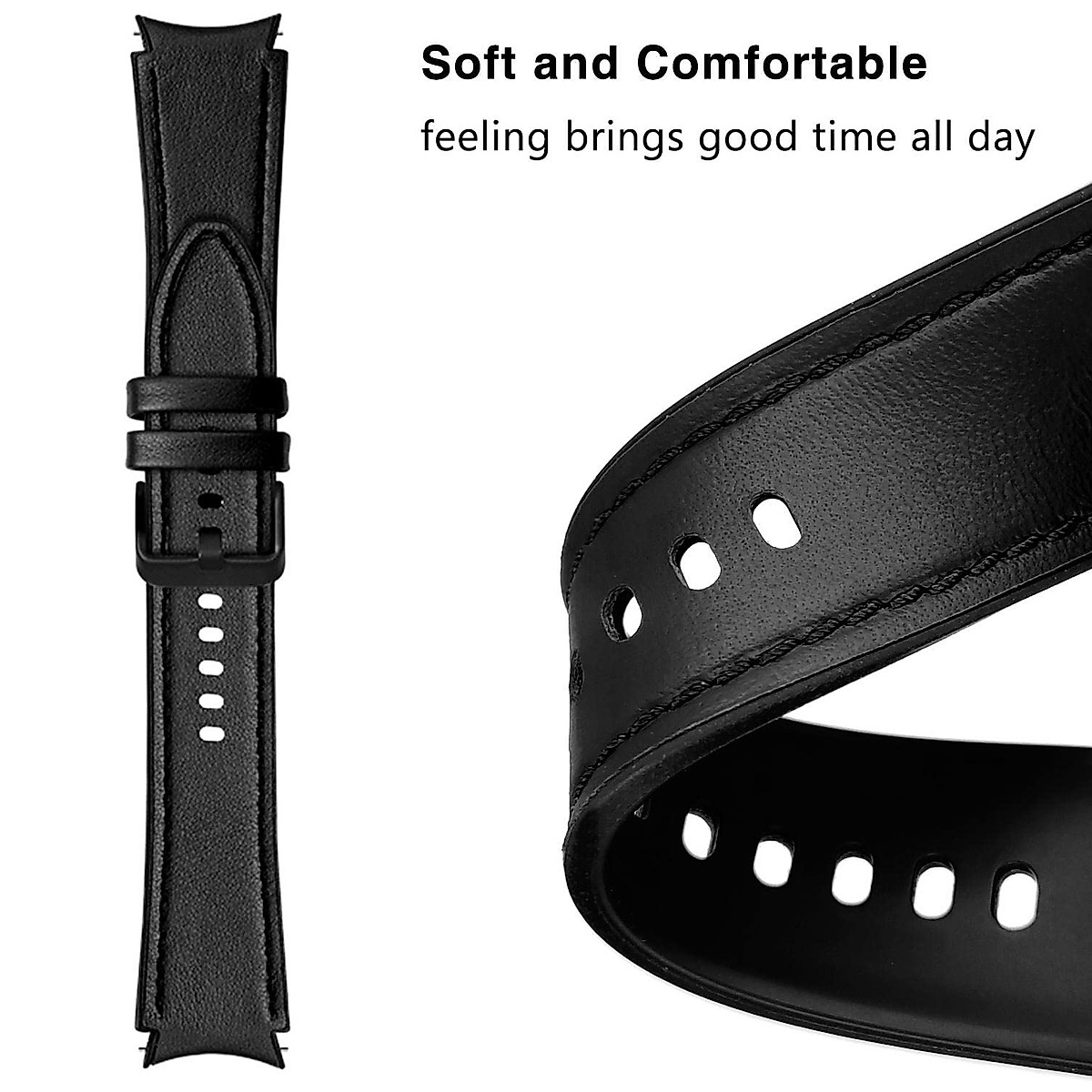 Abanen Watch Band for Samsung Galaxy Watch 5 40mm/44mm, Galaxy Watch 6 40mm/44mm, Soft Genuine Leather Hybrid Silicone Sweatproof Wristband Strap for Galaxy Watch 4 40mm/44mm (Black)
