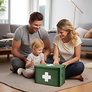 Flexzion First Aid Box Organizer Empty 13" Green Vintage First Aid Kit Tin Metal Medical Box - First Aid Storage Box Container Bins with Dividers, Removable Tray and White Cross Logo