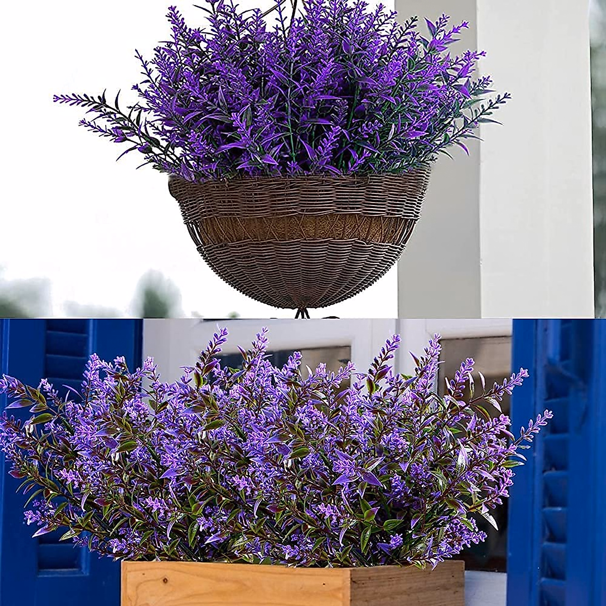 8 Bundles Outdoor Artificial Lavender Fake Flowers UV Resistant Plastic Plant, No Fade Faux Flower Plastic Greenery Shrubs Plants for Indoor Outside Porch Home Garden Window Box Decorating