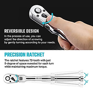 DURATECH 3/8" Drive Flex-Head Ratchet, 72-Tooth Ratchet Wrench, Quick-release, Reversible Switch, Full-Polished Chrome Plating, Alloy Steel