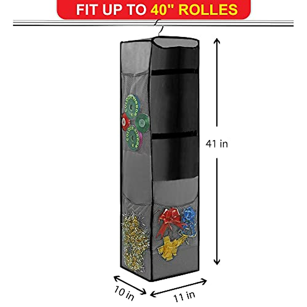 ProPik Holiday Hanging Wrapping Paper Storage Bag Organizer Swivel Hanger 360 Degree Multiple Mesh Pockets And Loops Holds Up To 25 Rolls 40 Inch Plus Space For Ribbons Bows And Gift Wrap (Gray)