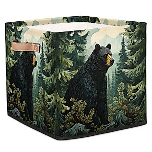 Tablerazzi Black Bear Forest Wild Animals Cube Storage Bin, 13 Inch Collapsible Fabric Storage Cube Bin, Foldable Cube Baskets for Shelf, Closet, Organizer