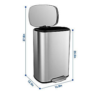 finetones Trash Can, Stainless Steel Garbage Can with Silent Lid, Durable Pedal & Inner Bucket, Pedal Garbage Bin for Kitchen Inside Outside (50L, Silver)