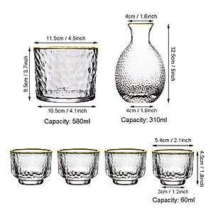 BOLLAER Sake Pot Set, Japanese Cold Sake Glasses, Clear Unique Trendy Floating Design, 1 Sake Carafe Bottle 1 Sake Tank and 4 Saki Cups for Cold/Warm/Hot Sake, Birthday Housewarming Gift Set
