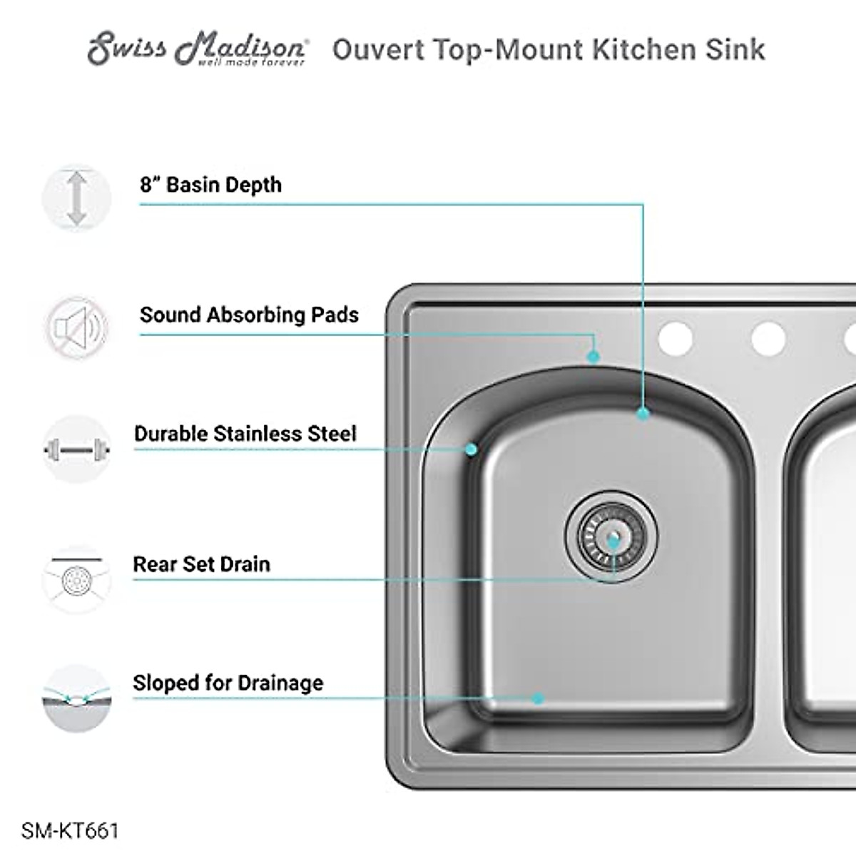 Swiss Madison SM-KT661 Ouvert 33 x 22 Stainless Steel, Dual Basin, Top-Mount Kitchen Sink