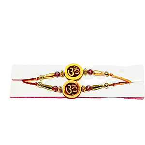 TheNext7 Set of 2 Rakhi for Brother, rakhee, Rakhi Gift for Brother, Rakhi Bracelet, Rakhi Thread, Rakhi for Bhai, Rakhi for Bhaiya Bhabhi, Om Pendant with Red-Golden Beads Rakhi.