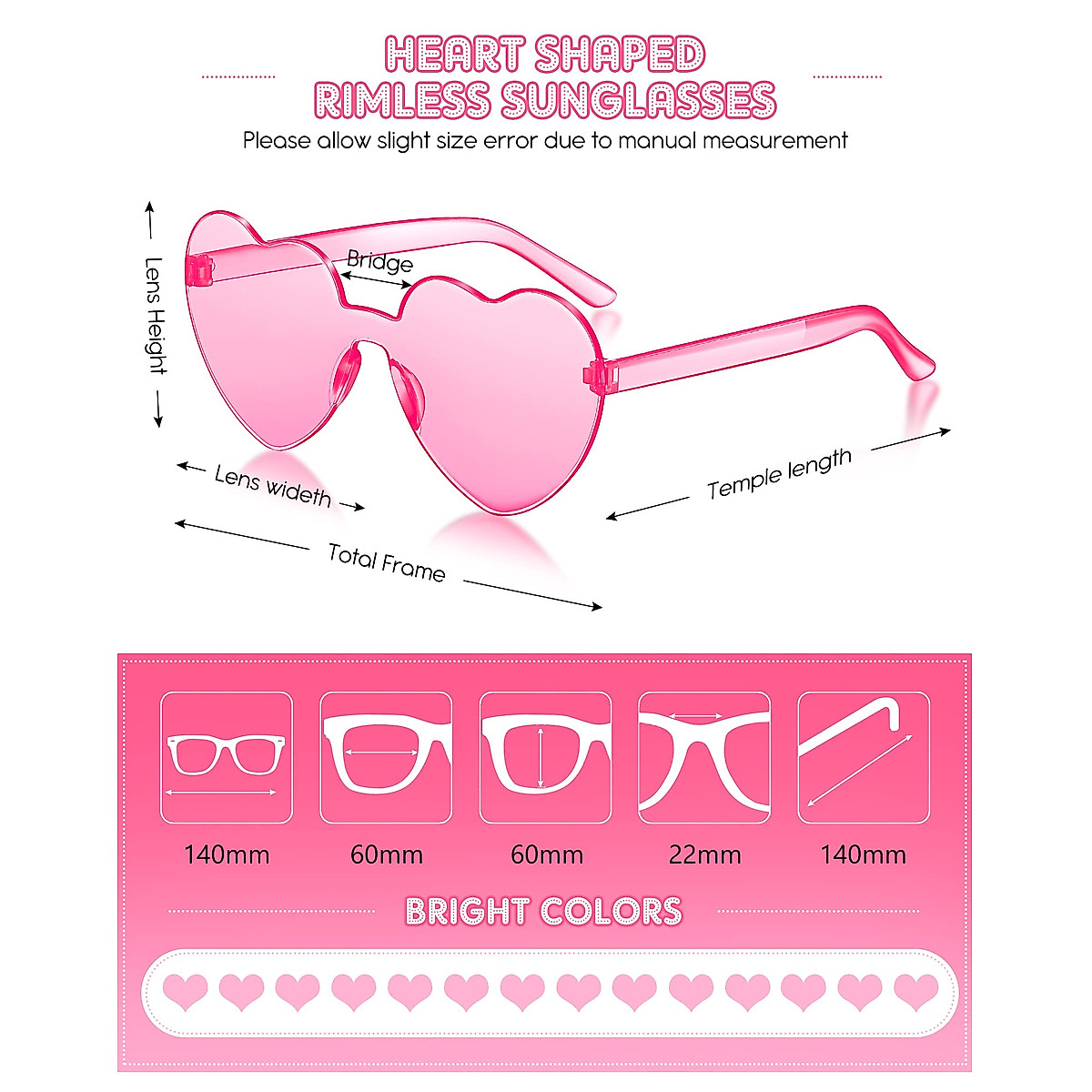 TOODOO 14 Pairs Heart Shaped Sunglasses for Women Girls Heart Sunglasses Rimless Transparent Glasses Bulk for Party Favors(Pink)