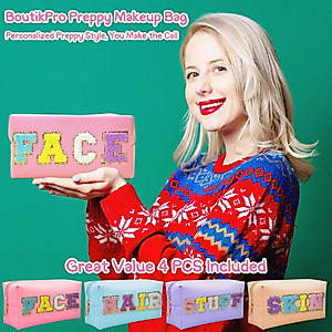 boutikpro 4PCS Premium Preppy Makeup Bag Set, Cute PU Travel Toiletry Bag for Women, Waterproof Preppy Patch Cosmetic Organizer Bag for Traveling Outdoors, Gift Ideal for Christmas Thanksgiving