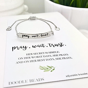Doodle Beads Pray Wait Trust Adjustable Bracelet for Women, Christian Gift, Prayer Gift, Silver