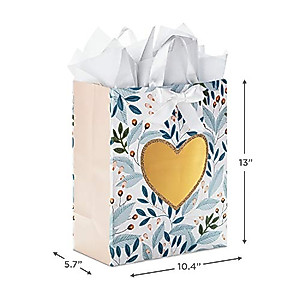 Hallmark 13" Large Gift Bag with Tissue Paper (Green Foliage, Gold Heart) for Weddings, Engagements, Anniversaries, Bridal Showers, Christmas, Valentine's Day
