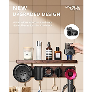 Affogato Walnut Storage Holder Compatible with Dyson Supersonic Hair Dryer and Attachments, Wall Mount Holder with Shelf Organizer for Bathroom Bedroom, Walnut Wood