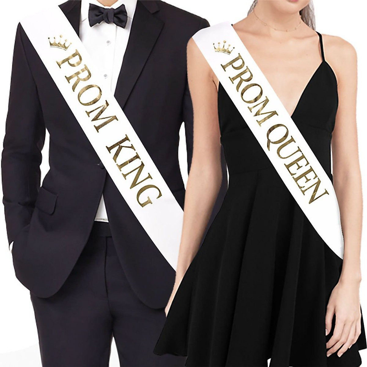 TTCOROCK "Prom King" and "Prom Queen" Sashes - Graduation Party School Party Accessories, White with Gold Print