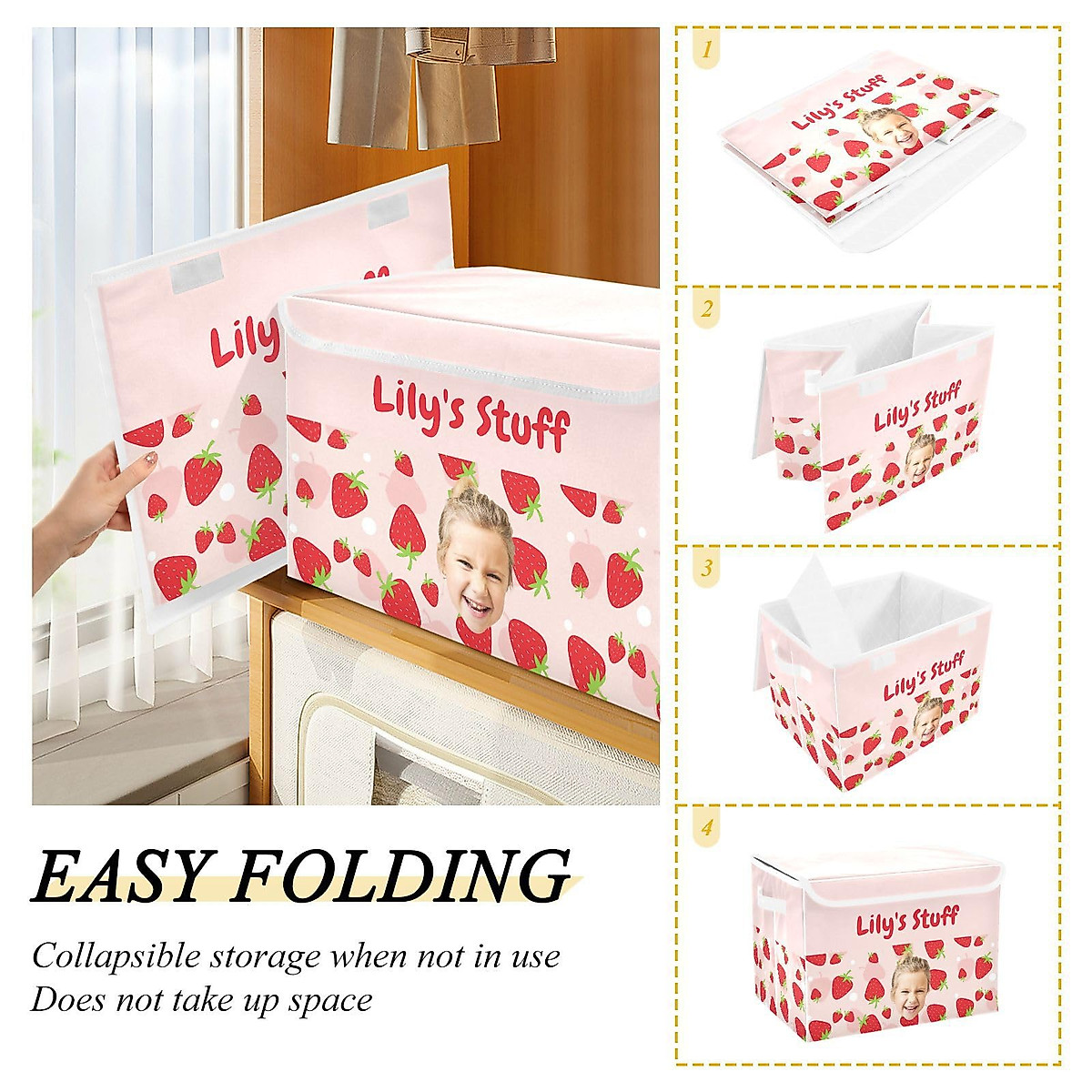 Sinestour Custom Storage Bins with Lid Personalized Storage Basket Box Shelf Basket Closet Organizer for Home Toy Playroom (Strawberry)