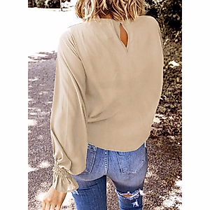 Dokotoo Womens Fashion Casual Tops Fall Outfits for Women 2024 Long Sleeve Shirts for Women Crewneck Solid Color Elegant Cute Chiffon Blouses Clothes Khaki Small