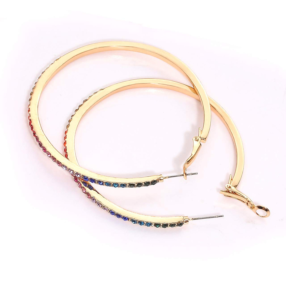 Crystal Hoop Earrings for Women Large Dazzling Rainbow Rhinestone Circle Fashion Earrings Sensitive Ears Pierced Earrings (Gold Rainbow)