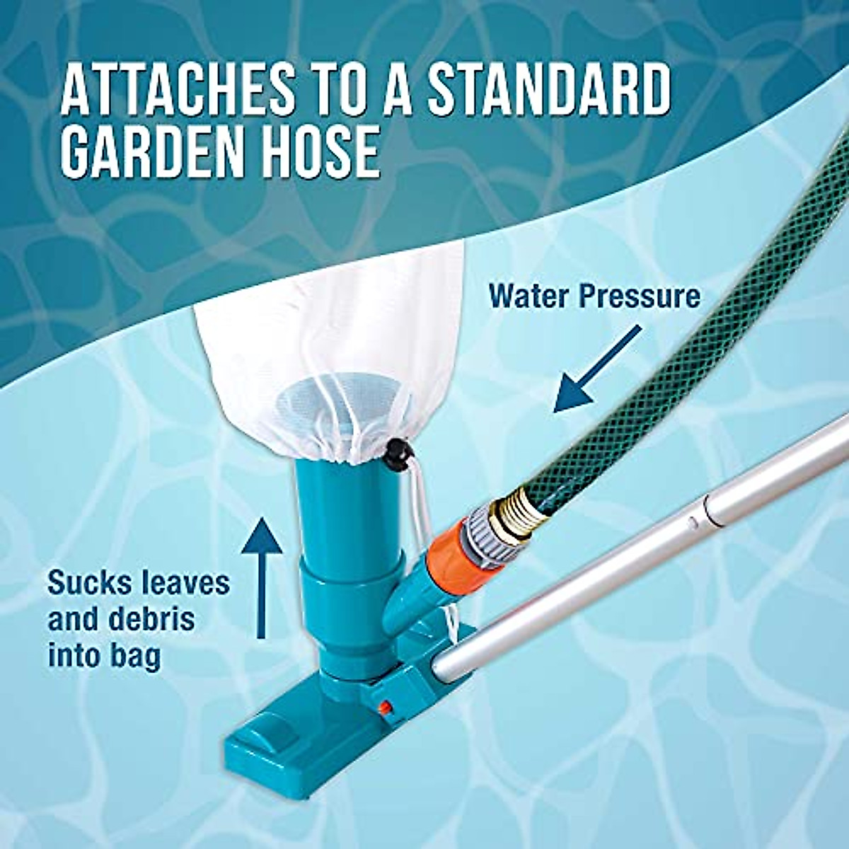 U.S. Pool Supply Portable Deluxe Jet Pool Vacuum Underwater Cleaner with 5 Section Pole, 3 Scrub Brushes, Leaf Bag, Telescopic Pole Attachment - Above Ground Pools, Spas, Ponds - Attach to Garden Hose
