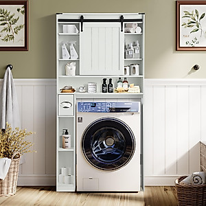 YOCONYO Over The Toilet Storage Cabinet, Farmhouse Over Toilet Cabinet Included Sliding Barn Door,Toilet Paper Holder Stand and Adjustable Bottom Bar, Freestanding Toilet Rack for Bathroom,White