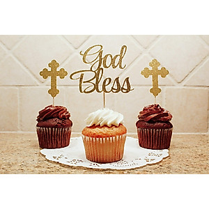 JeVenis 25 PCS Glittery Gold Bless this Child Cake Topper Baptism Cupcake Toppers Cross Cupcake Topper Baptism Cake Topper Cross Cake Decoration Baptism Party Decorations