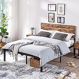 Yaheetech Industrial Platform Bed Frame Full with Wood Headboard and Metal Slats, Rustic Country Bed with Mattress Foundation/12 Inch Underbed Storage/No Box Spring Needed/Strong Slats Support, Brown