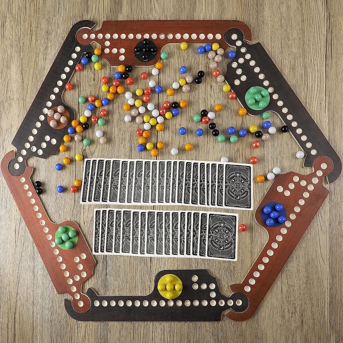 Jokers and Marbles Game Wooden Board Game Marble Board Game 4-8 Player Board Game for Holiday Party Family Playing