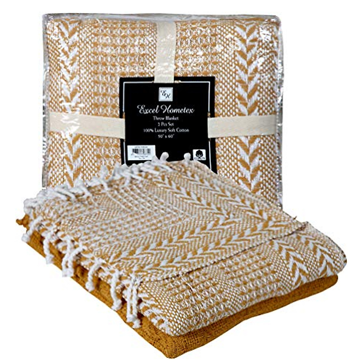 Excel Hometex 100% Cotton Throw Blanket Handloom Batik (50 x 60 Inch Set of 2)- Luxurious Cotton Throw Blanket-Indoor - Outdoor Throw Blanket (Gold, 50" x 60")