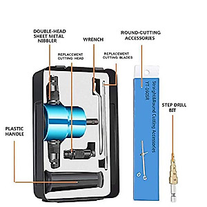 Dicfeos Double Head Metal Sheet Nibbler Cutter with Circle Cutting Accessories, Drill Attachment with Wrench and Parts, Maximum 14 Gauge Steel