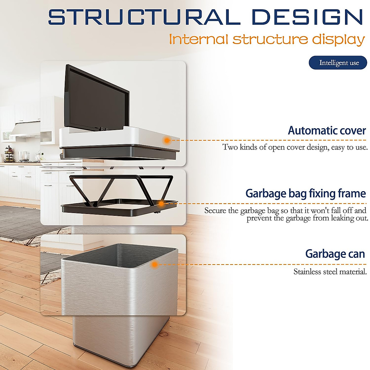 ARTBUSKE 13 Gallon Trash Can Kitchen Trash Can with Lid High-Capacity Garbage Can Stainless Steel Trash Can Automatic Trash Can Motion Sensor Trash Bin for Kitchen Bedroom Bathroom Office