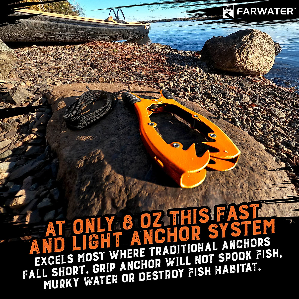 FARWATER Canoe Anchor Grip - Boat, Float Tube & Kayak Fishing Accessories, Kayaking Equipment - Brush Clamp Anchor with Teeth - Gripper with 15ft Paracord - Rubber Grips - Coated Steel - Matte Orange