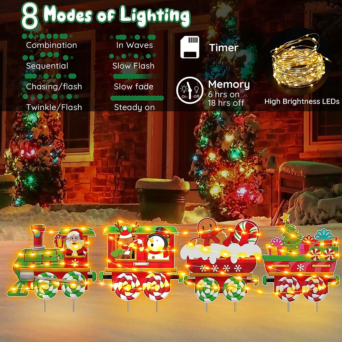 DONSAJI Christmas Train Yard Signs with 200 LED Lights - Xmas Tree Santa Gingerbread Snowman Train Set Lawn Signs with Metal Stakes for Holiday Lawn Garden Yard Outdoor Christmas Decorations, 4 Pack