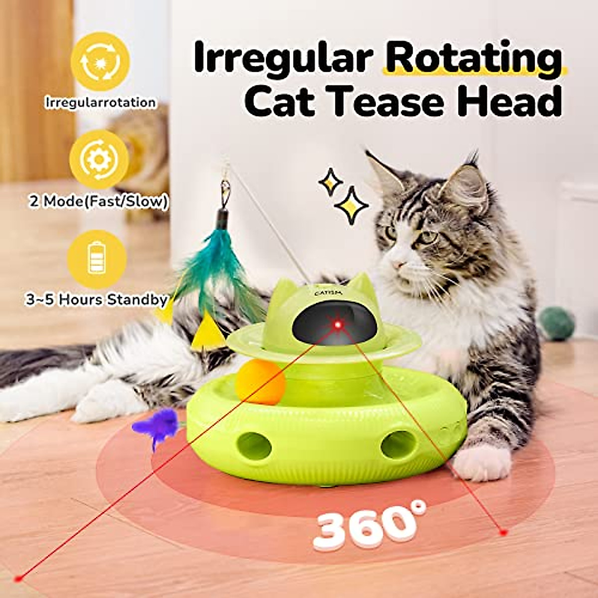 CATISM Cat Toys 4-in-1 Interactive Cat Toy for Indoor Cats,Electronic Automatic Cat Pointer Toys, Cat Feather Toys Track Balls Kitten Toys, Indoor Exercise Cat Wand Toy Green