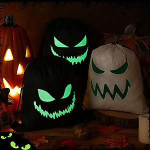 Paterr 16 Pcs Halloween Favor Bags Spooky Face Small Drawstring Bag Bat Carnival Candy Goodie Treat Gift Bag for Classroom Halloween Birthday Party Decor (10'' x 12")