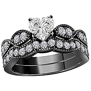 Heart & Round Shaped Cubic Zirconia Engagement Ring Matching Wedding Band Set Bridal Set 14K Black Gold Plated 925 Sterling Silver for Womens