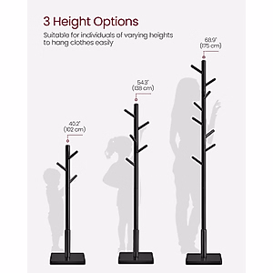 VASAGLE Solid Wood Coat Rack, Free Standing Hall Coat Tree with 8 Hooks, 3 Height Options, for Coats, Hats, Bags, Purses, for Entryway, Hallway, Rubberwood Hooks and Pole, Ink Black URCR010B01