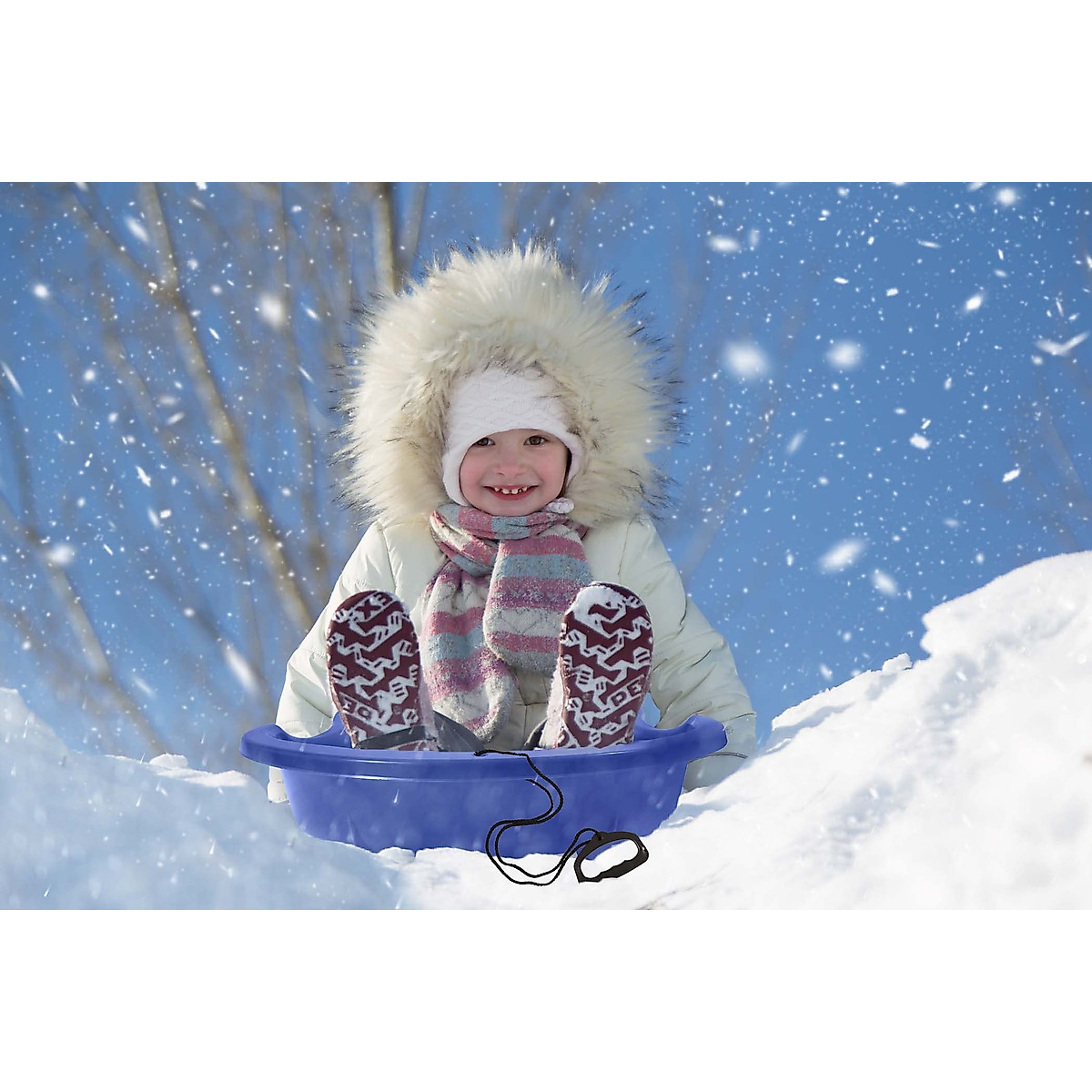 Superio Toboggan Snow Sled for Kids and Adults, 37" Plastic Sled with Pull Ropes (Blue)