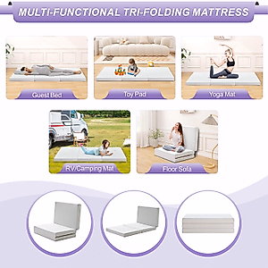 MUUEGM Folding Mattress 6 Inch Tri Folding Memory Foam Mattress Topper Queen Size Foldable Mattress with Washable Cover,Guest Bed Mattress with Storage Bag for Yoga/Camping/RV,Non-Slip Bottom