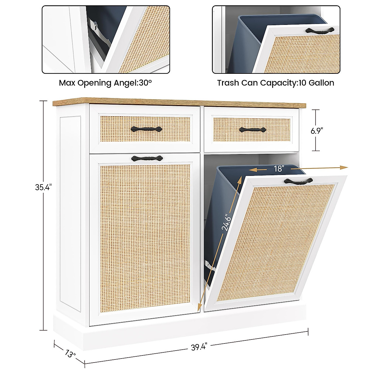 CABIHOME Rattan Double Tilt Out Trash Cabinet, Freestanding Trash Can Cabinet 20 Gallon Storage, Hidden Pet-Proof Garbage Can Cabinet Laundry Hamper for Kitchen Dining Living Room