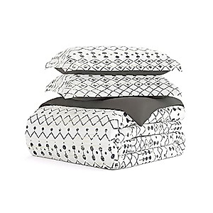 Merit Linens Pattern and Pinch Pleat Queen Duvet Cover Set | Soft, Light Weight, and Breathable 3 Piece Gray Duvet Set | Zipper Closure, Corner Ties, 2 Matching Shams