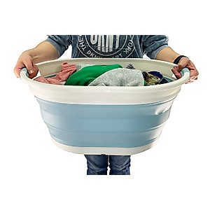 SAMMART 28L (7.4Gallons) Collapsible Plastic Laundry Basket - Oval Tub/Basket - Foldable Storage Container/Organizer - Portable Washing Tub - Space Saving Laundry Hamper (1, Grey/Sterling Blue)